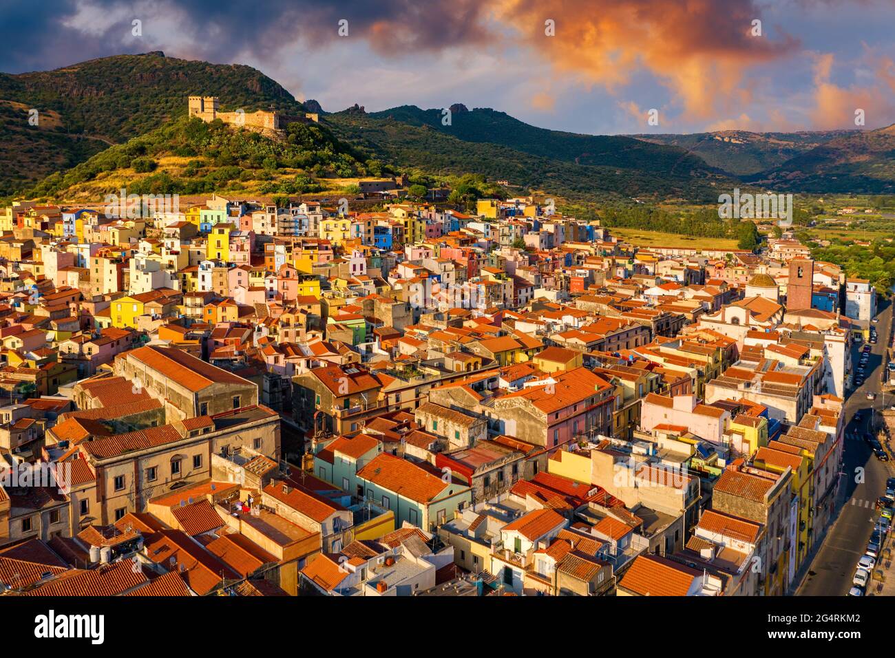 Aerial view of the beautiful village of Bosa with colored houses and a ...