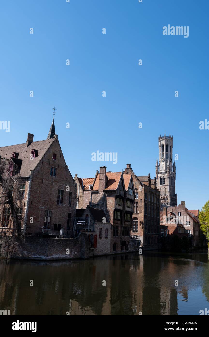 27 April 2021, Bruges, Belgium, walking on medieval Bruges streets in ...