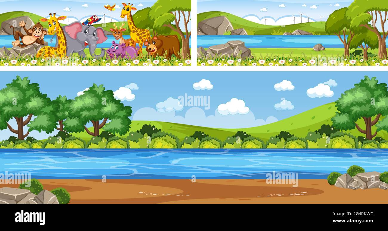 Set of outdoor panoramic landscape with cartoon character illustration ...
