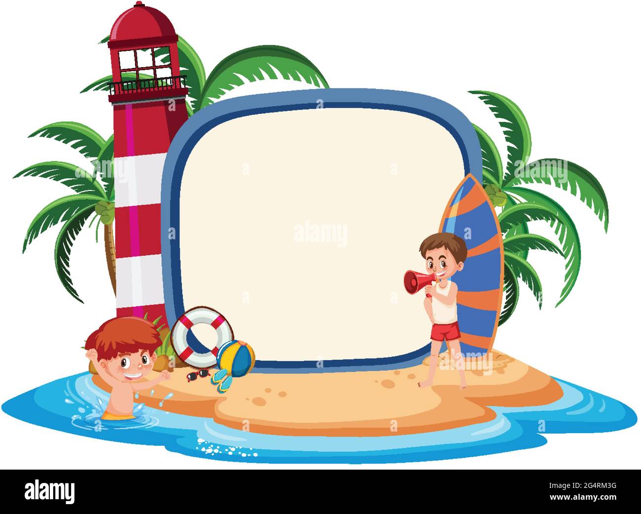 Blank banner template on the island with lighthouse isolated ...