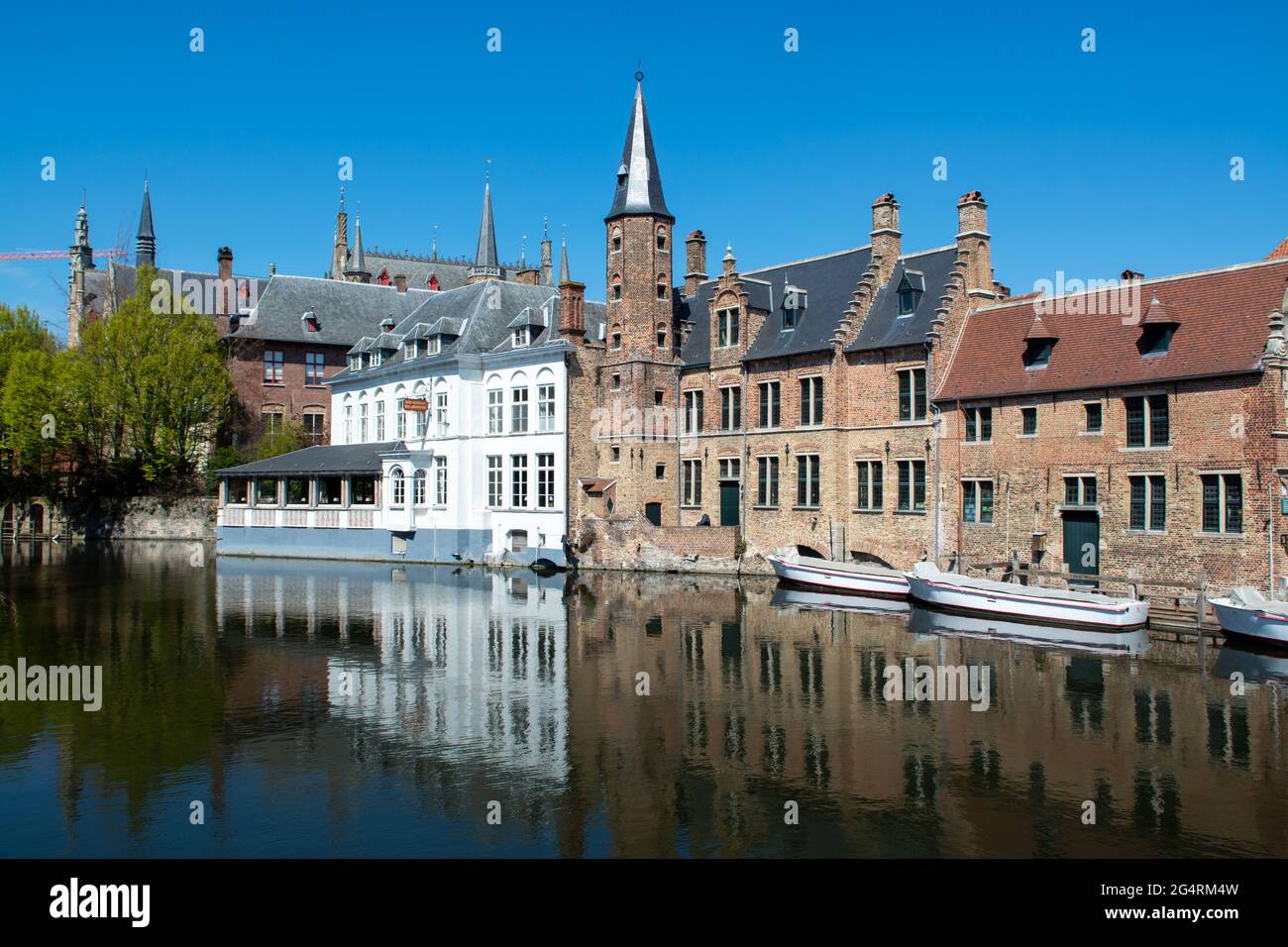 27 April 2021, Bruges, Belgium, walking on medieval Bruges streets in ...