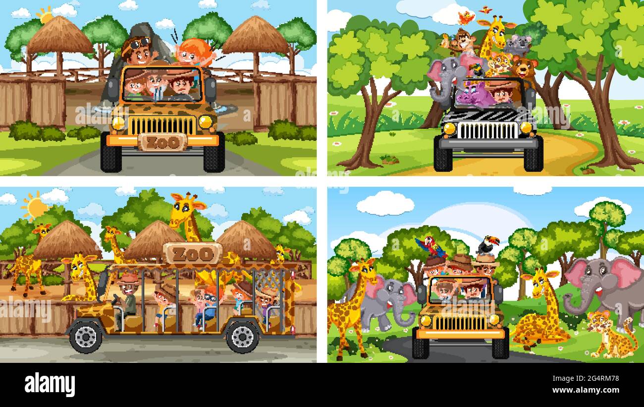Four different zoo scenes with kids and animals illustration Stock ...