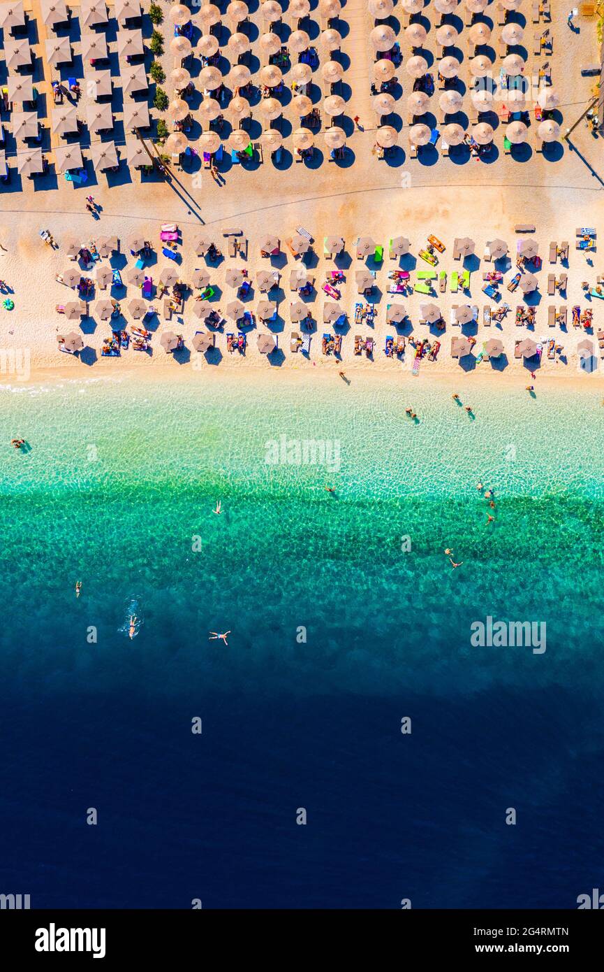 View from above, stunning aerial view of an amazing beach with beach ...