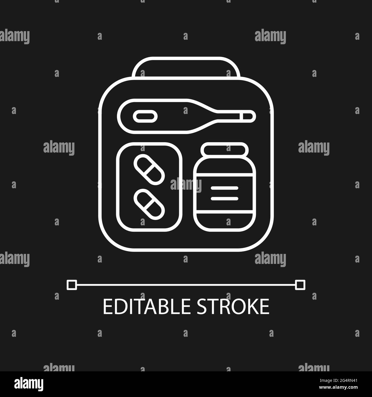 Mini first aid kit white linear icon for dark theme. Emergency bag with ...