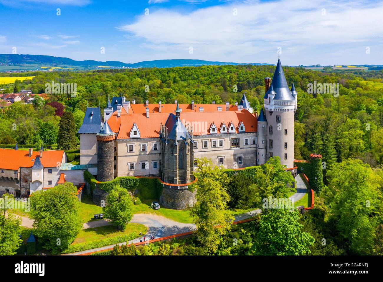 Aerial view of Zleby castle in Central Bohemian region, Czech Republic ...