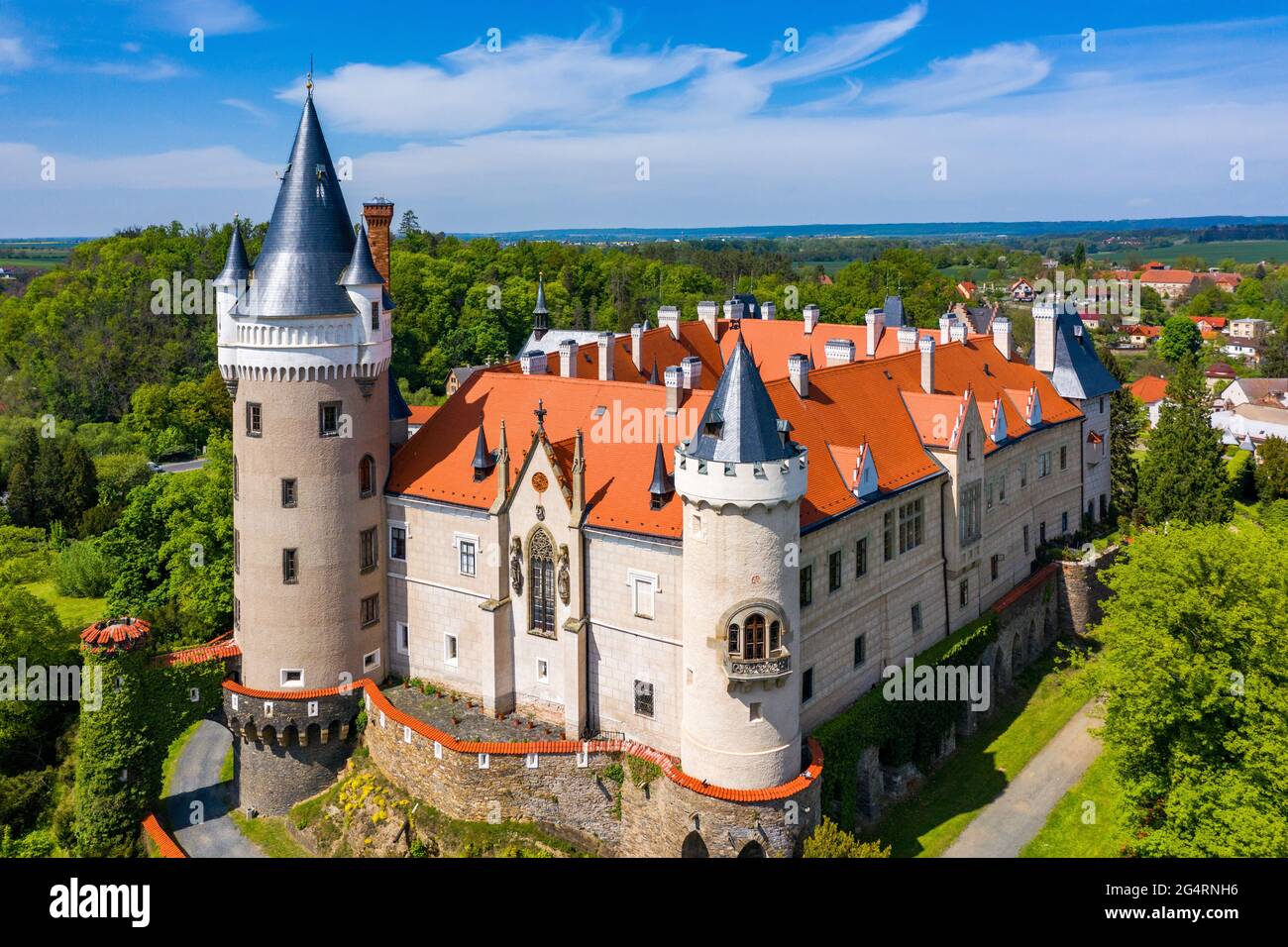 Aerial view of Zleby castle in Central Bohemian region, Czech Republic ...