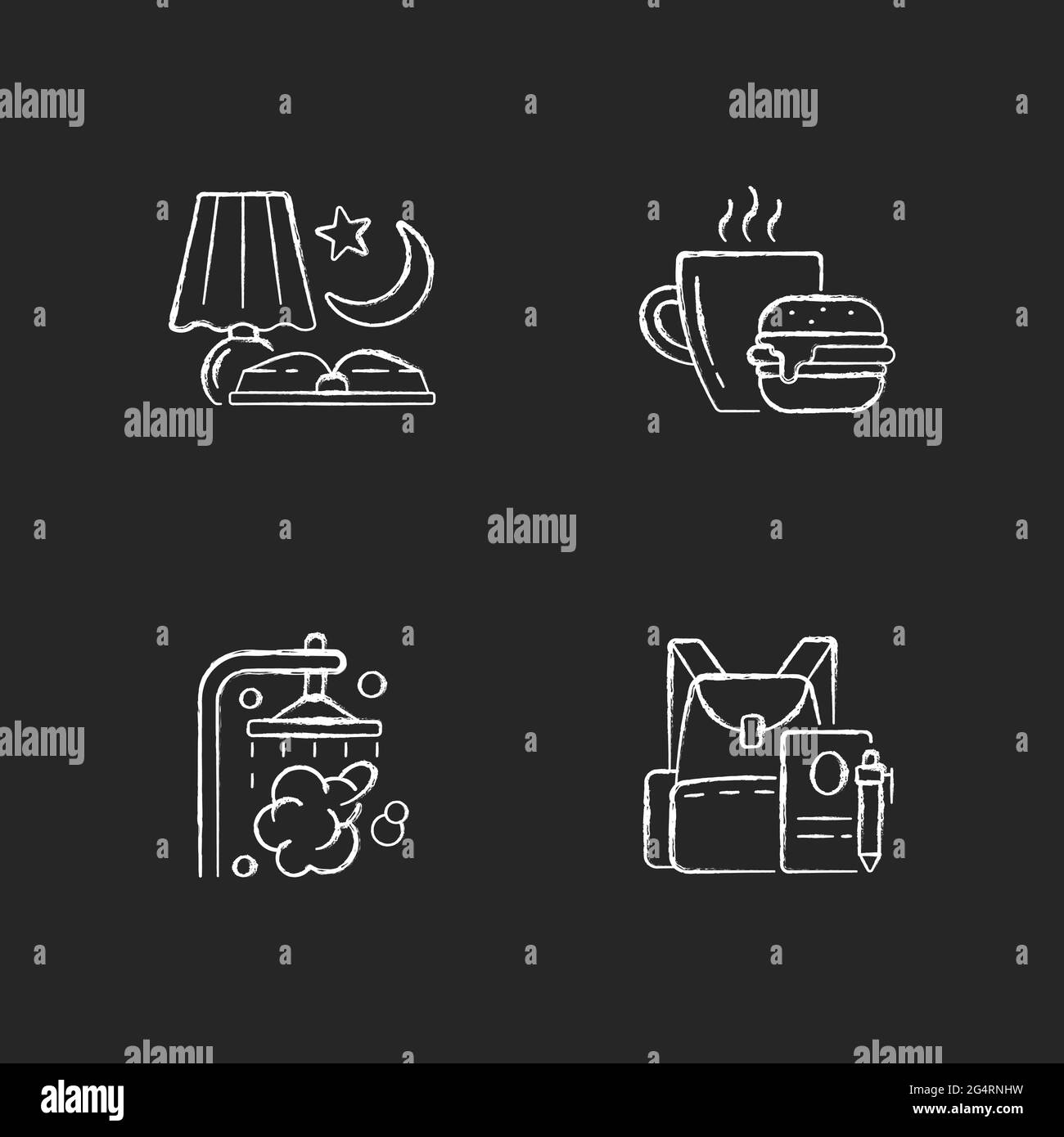 Everyday schedule and routine chalk white icons set on dark background ...