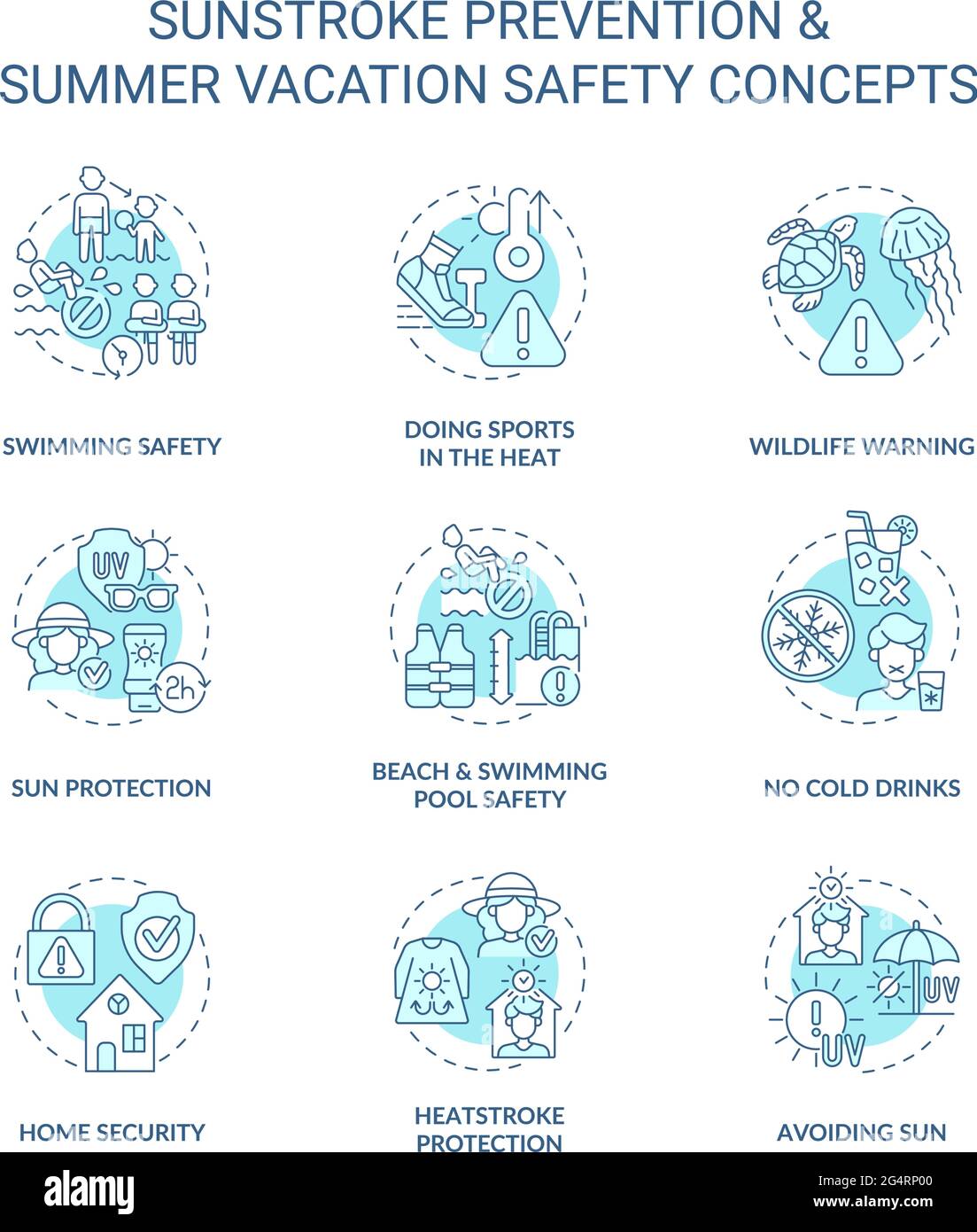 Sunstroke prevention concept icons set. Summer vacation safety idea ...