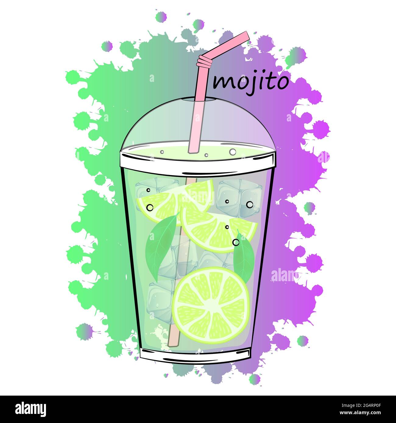 Mojito drink with ice, mint and lemon in plastic cup. Vector ...