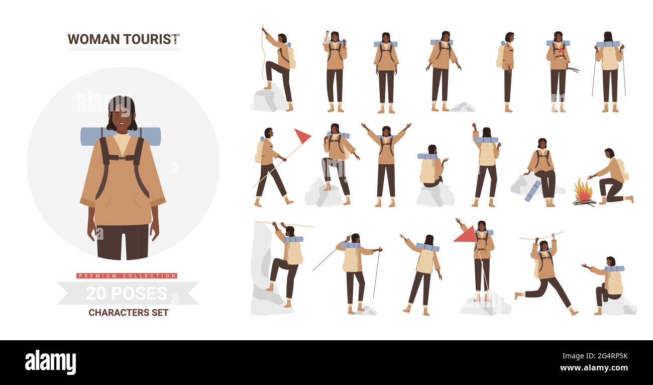 African american black woman tourist traveler adventure poses vector ...