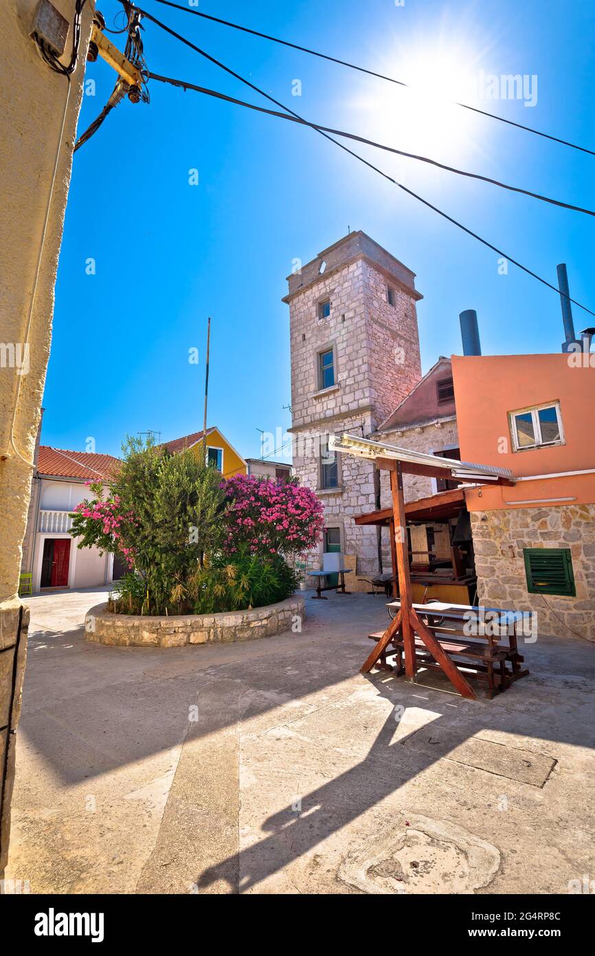 Mediterranean stone village on Krapanj island square and tower view ...