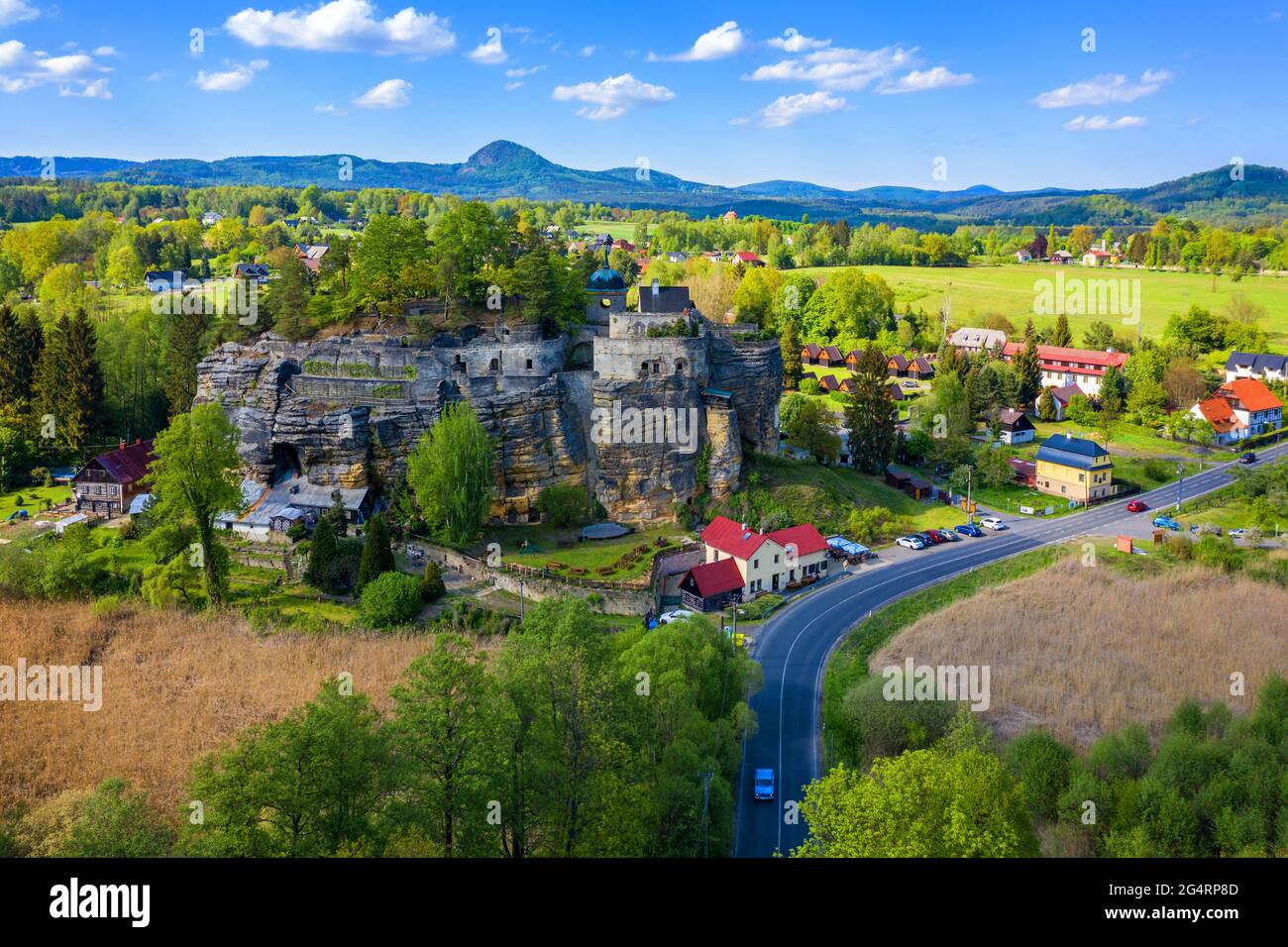 Aerial view of Sloup Castle in Northern Bohemia, Czechia. Sloup rock ...