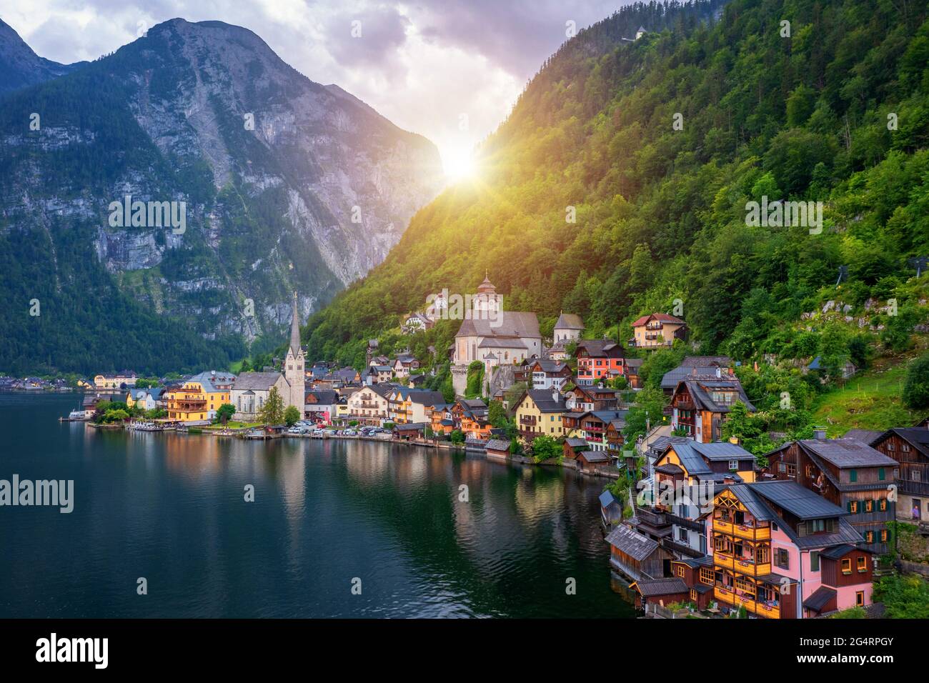 Aerial view of austrian mountain village Hallstatt and Hallstatter lake ...