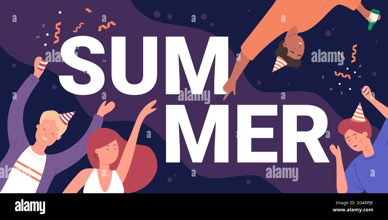 Happy people dance at fun summer party vector illustration. Cartoon ...
