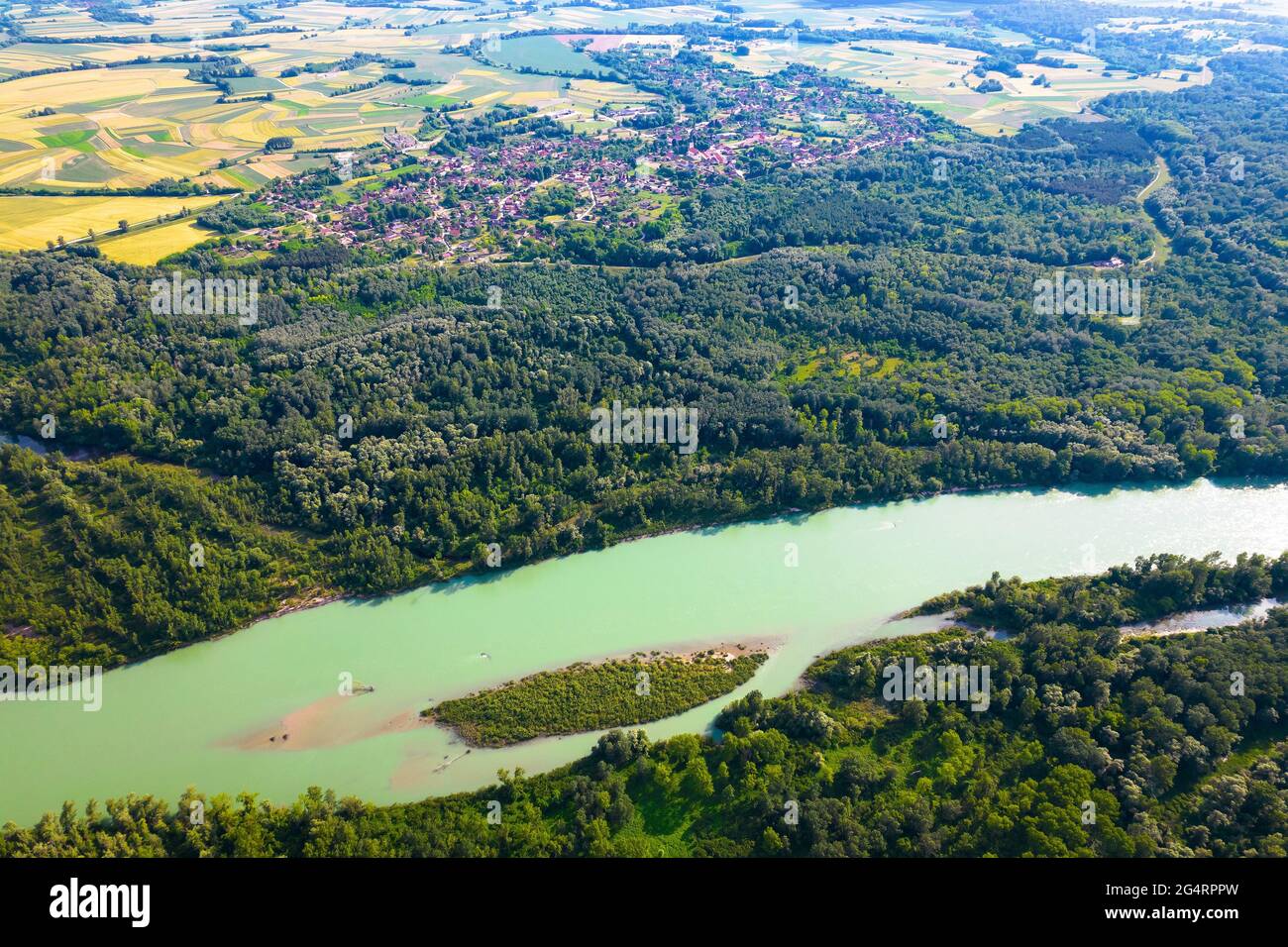 Aerial view of Drava river and Legrad village, Podravina region of ...