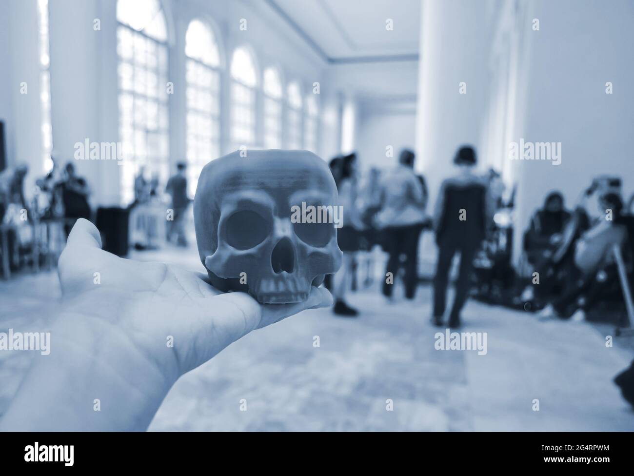 Skull printed on 3d printer in man's hand. On the back of a blurry plan ...