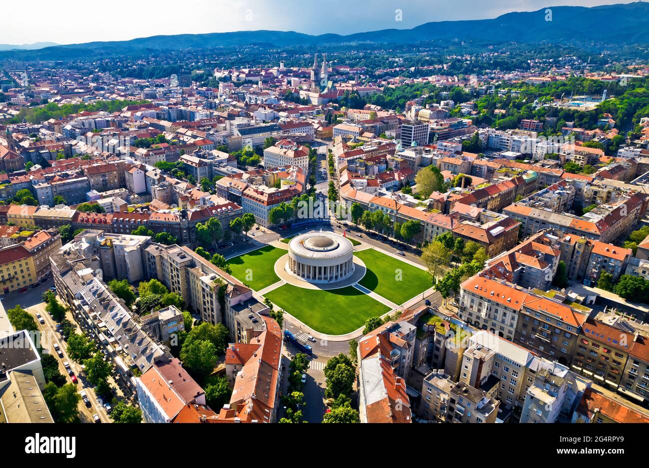 Zagreb aerial. The Mestrovic pavillion and town of Zagreb aerial view ...