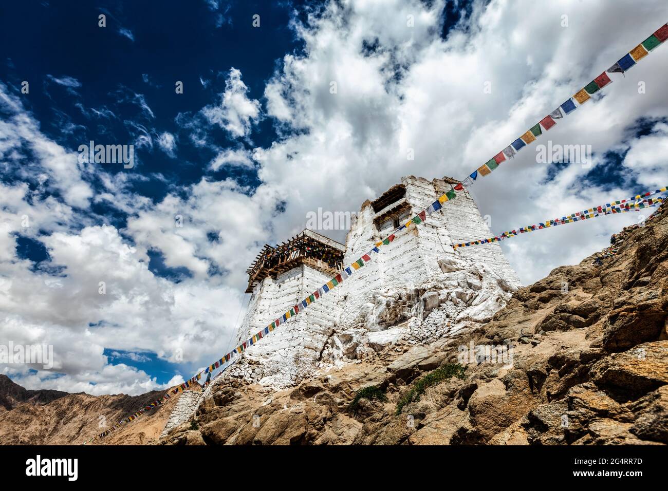 Ruins of Tsemo Victory Fort on the cliff of Namgyal hill and Lungta ...