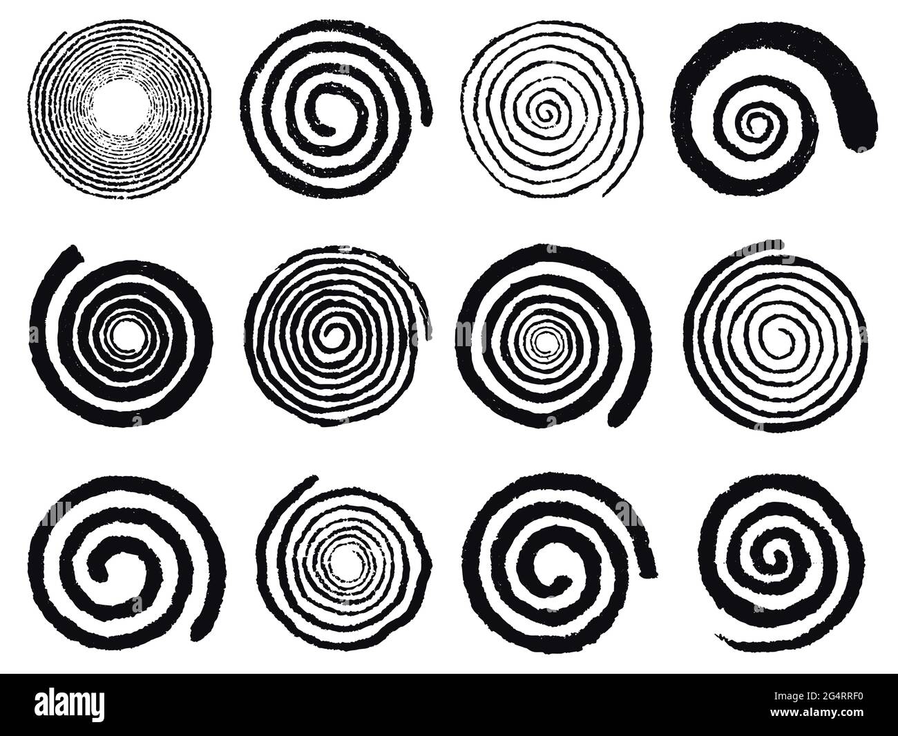 Grunge spirals. Swirling abstract simple rotating spirals, black ink ...