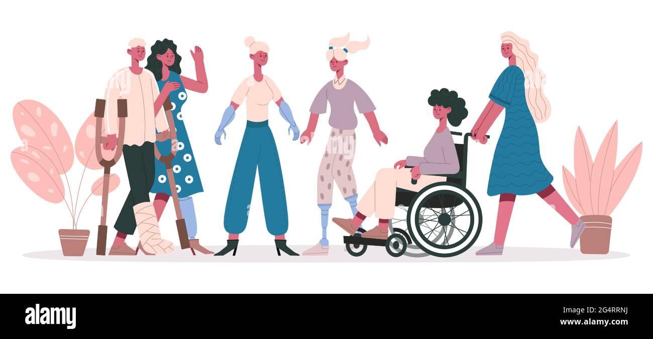 Handicapped people. Group of disabled characters, friendly disable ...