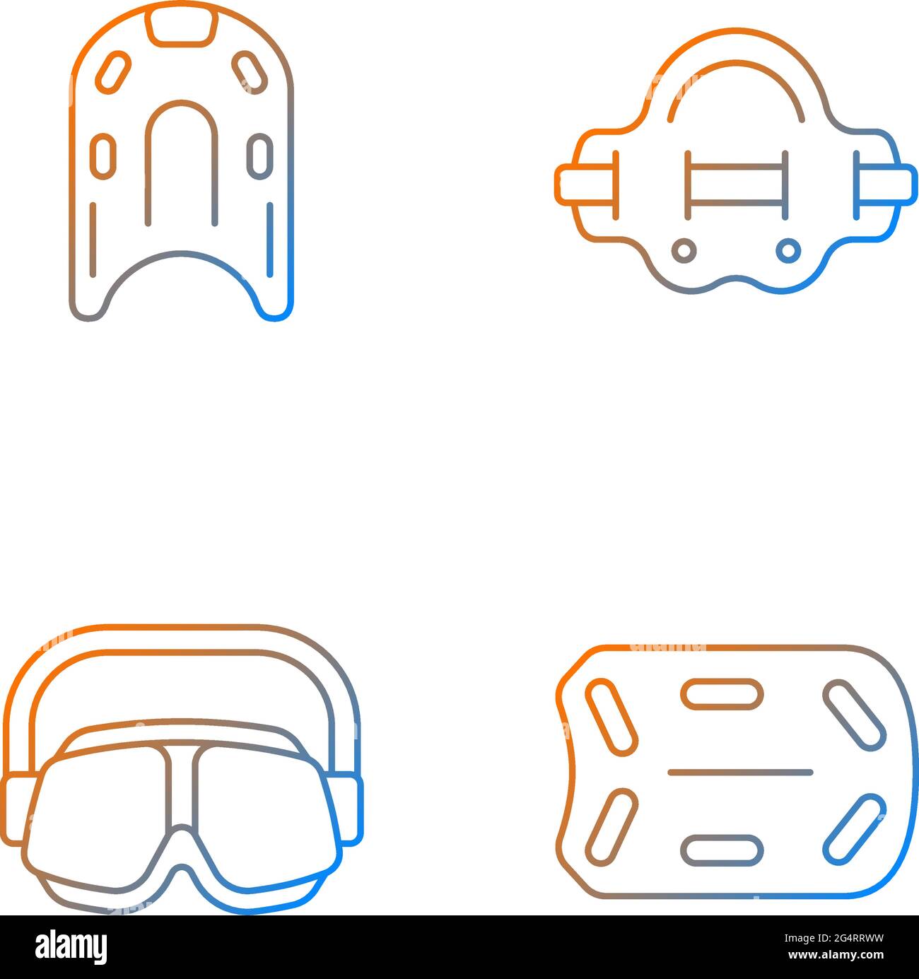 Swimming pool supplies gradient linear vector icons set. Kickboard. Aqua jogger. Swimming ...