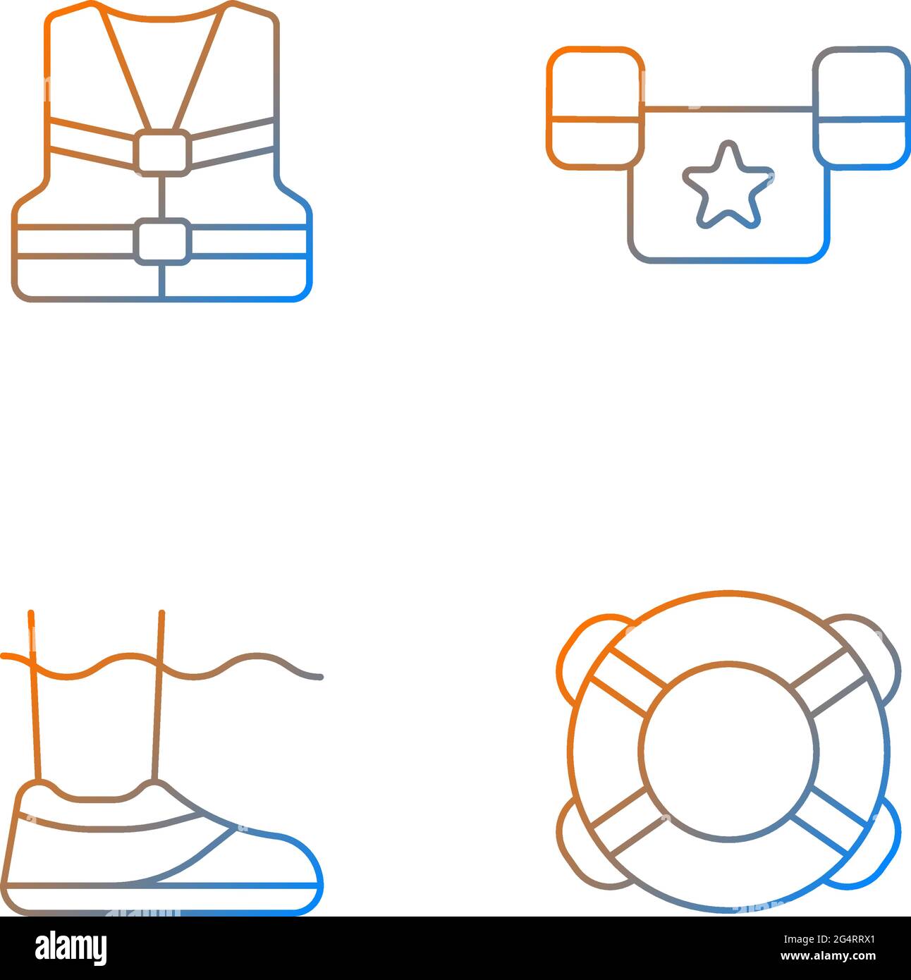 Pool equipment gradient linear vector icons set. Life jacket. Puddle ...