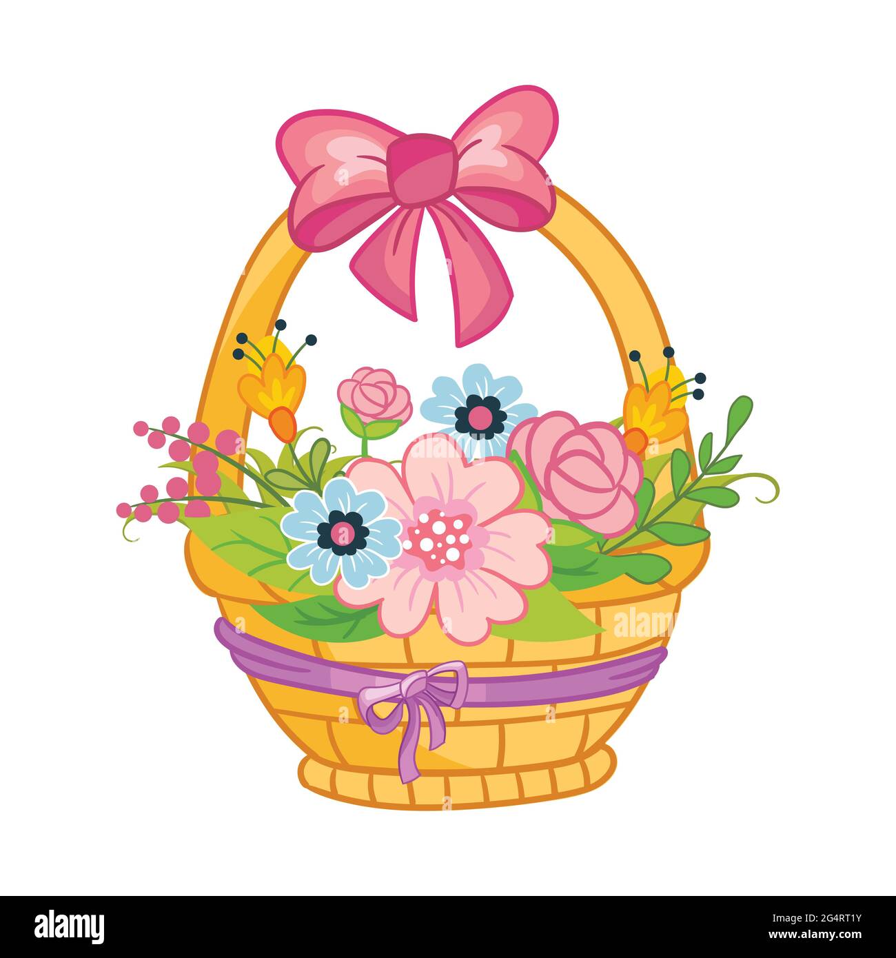 Cute cartoon wicker basket with bow and flowers. Vector isolated ...