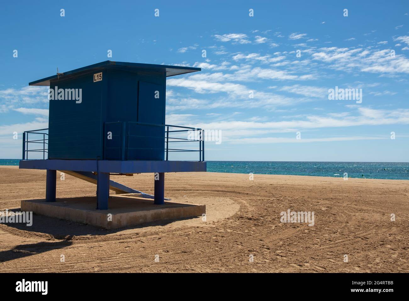 blue lifeguard station at bolnuevo beach, alicante, spain, closed and ...