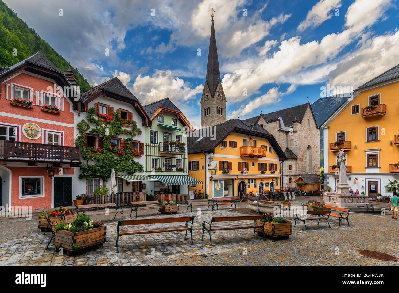 View of famous Hallstatt mountain village in the Austrian Alps at ...