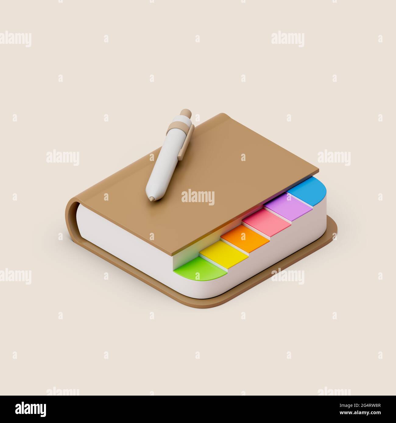Brown Note book with colored labels and pen on pastel background ...