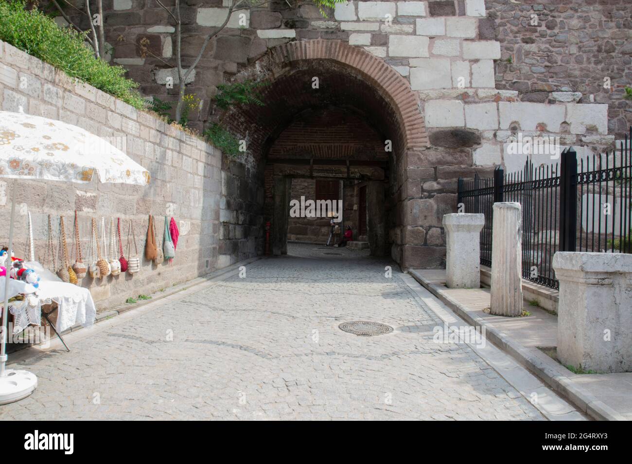 Small, narrow and arched castle gate of Ankara castle From inside Stock ...