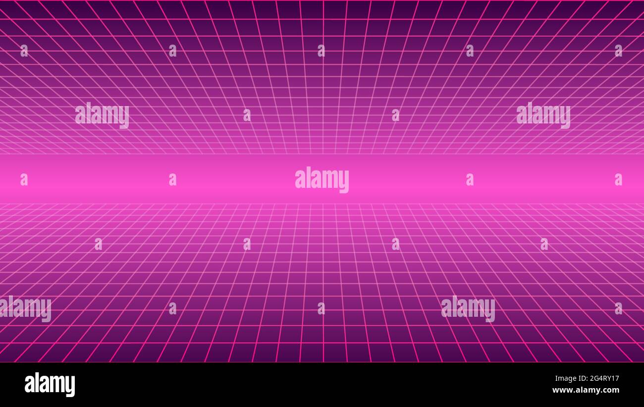 Abstract wireframe landscape 1980s style. Retro futuristic vector grid. Technology neon ...