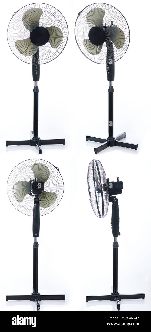 Different views of plastic black stand fan isolated on white studio ...