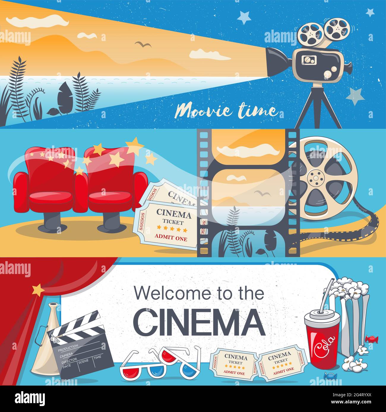 three banners cinema on the blue background with summer movie Stock ...