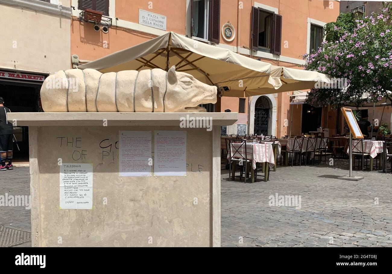 Rom, Italy. 23rd June, 2021. The sculpture of a suckling pig in the ...
