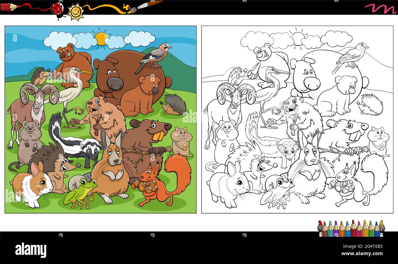 Cartoon illustration of wild animal comic characters group coloring ...