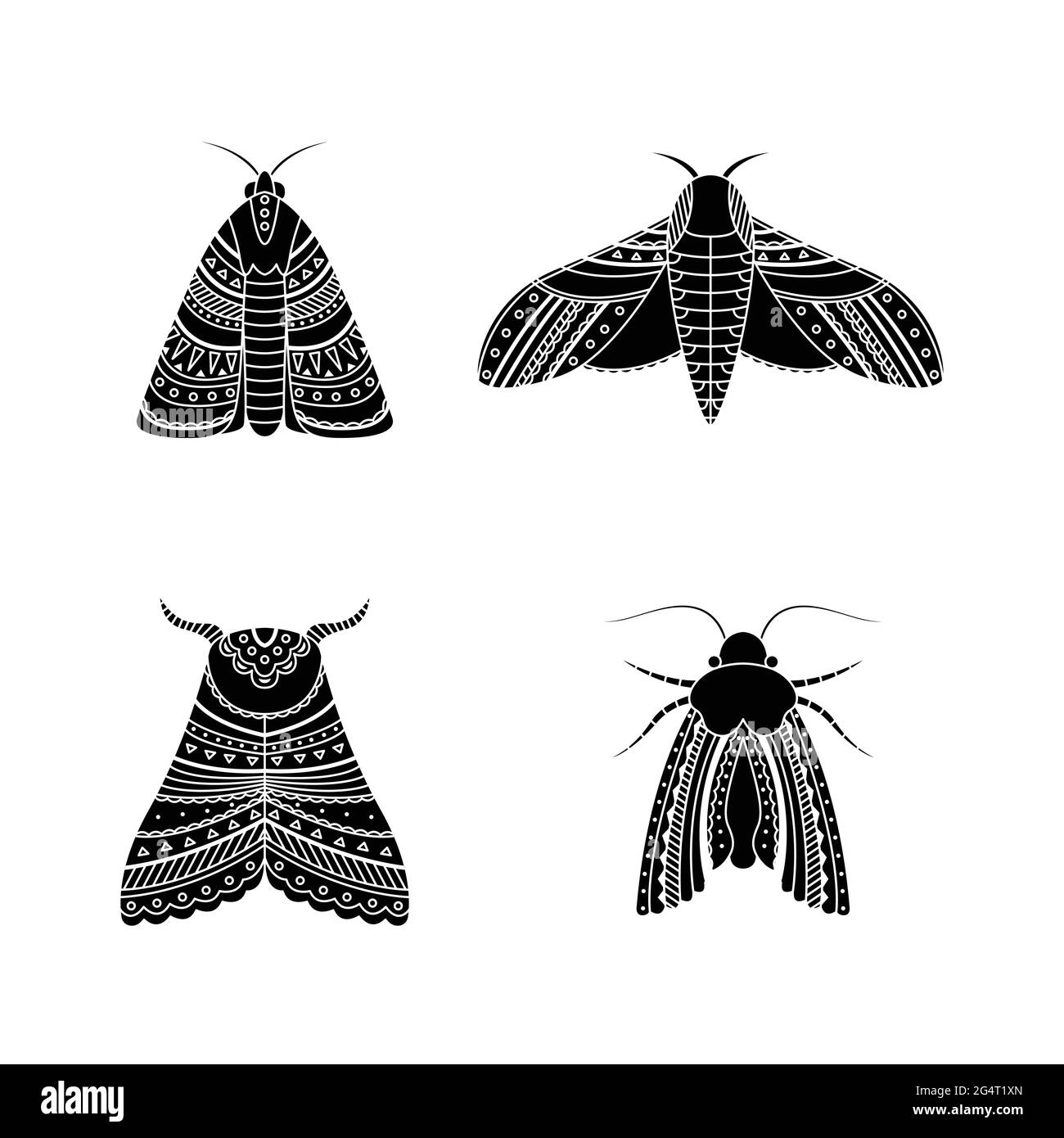 Set of moths in boho styles. Geometric tribal illustration in a simple ...