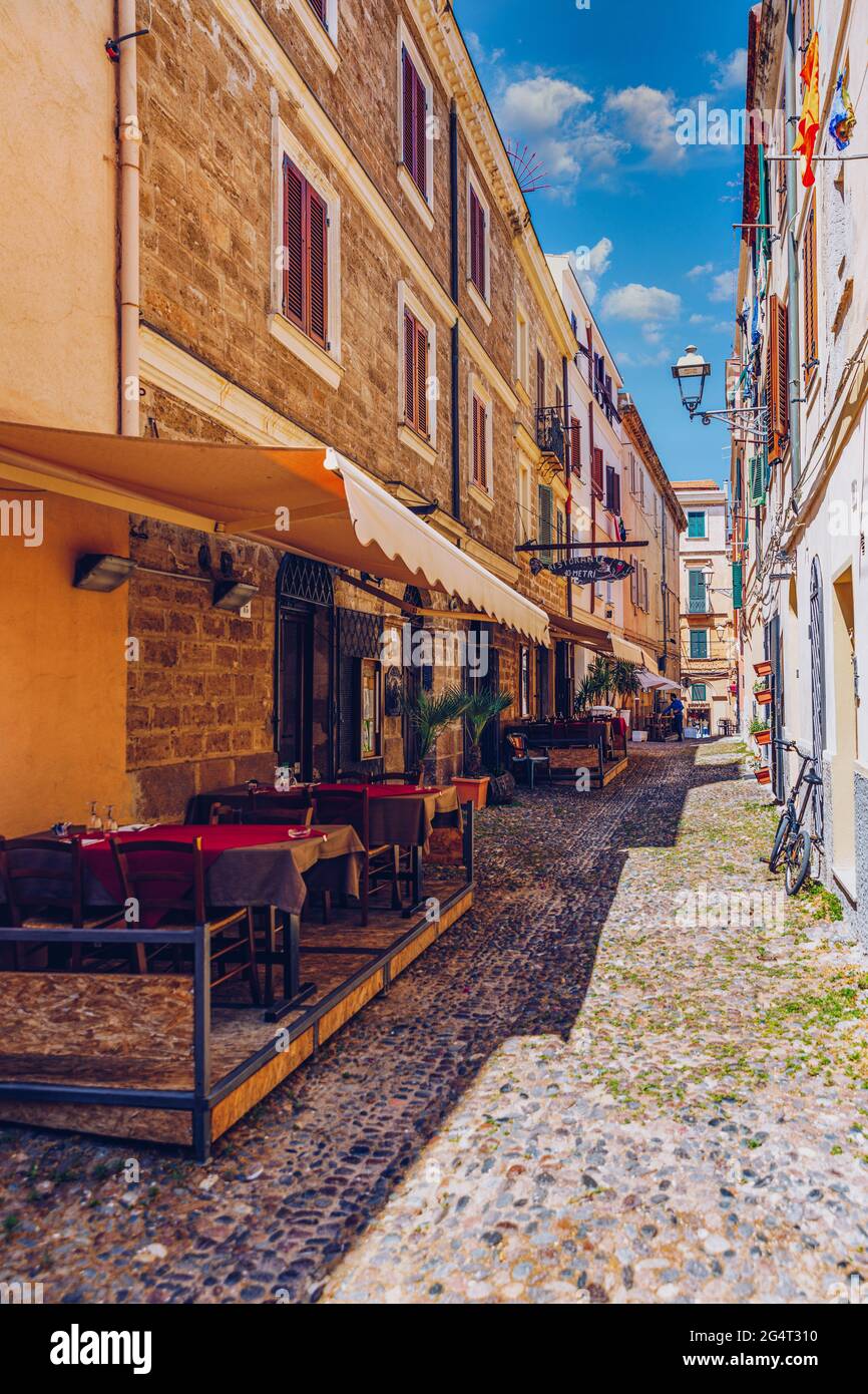 Alghero old town, Alghero street view on a beautiful day. Alghero ...