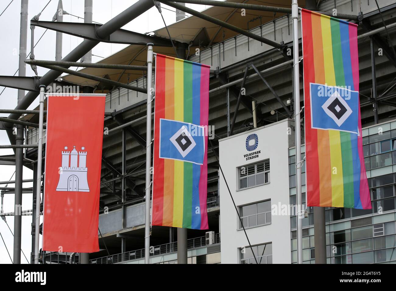 Hamburg, Germany. 23rd June, 2021. Rainbow flags with the logo of the ...