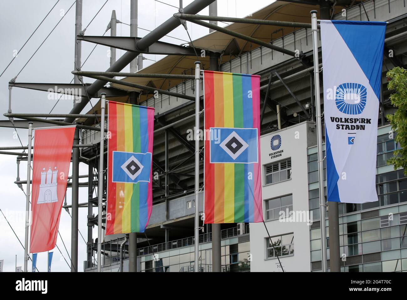 Hamburg, Germany. 23rd June, 2021. Rainbow flags with the logo of the ...