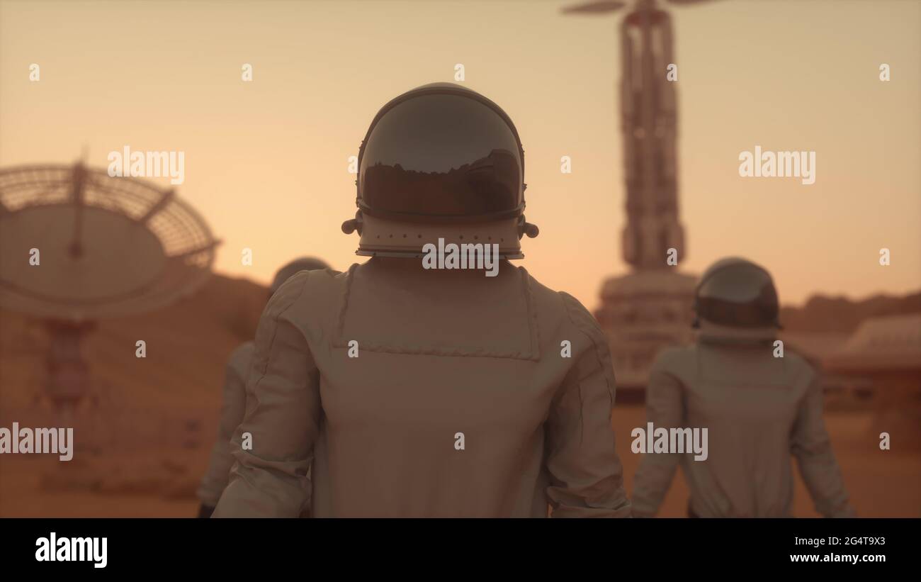 Three Astronauts in Space Suits Confidently Walking on Mars. Mars ...