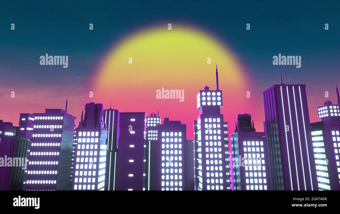 Retrowave City 3d Retro Wave City Background. Neon Night... Stock
