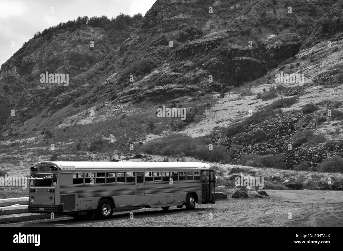 Yellow american school bus parked in front of a mountain in Oahu ...