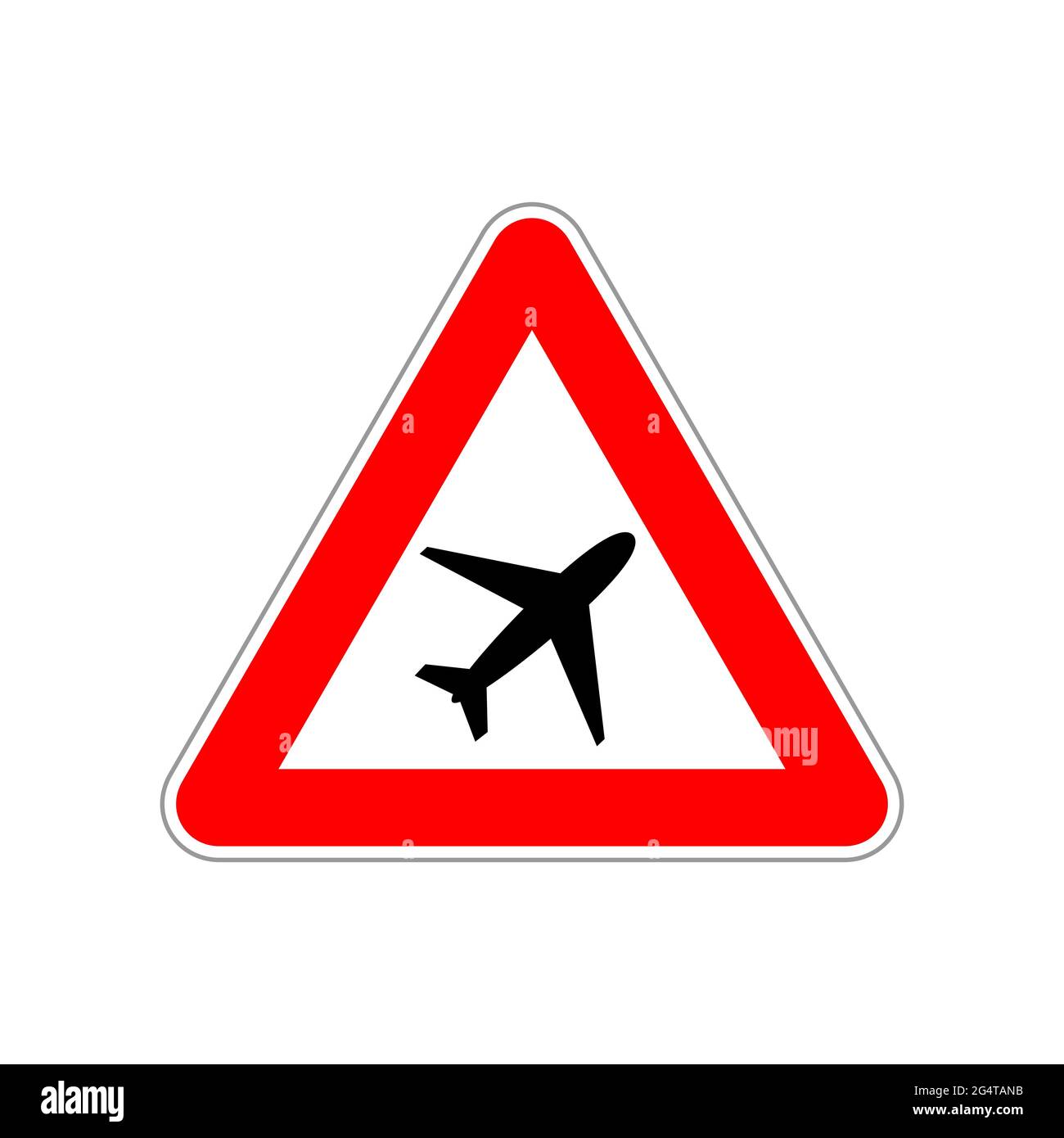 Plane icon on the triangle red and white road sign on white Stock ...