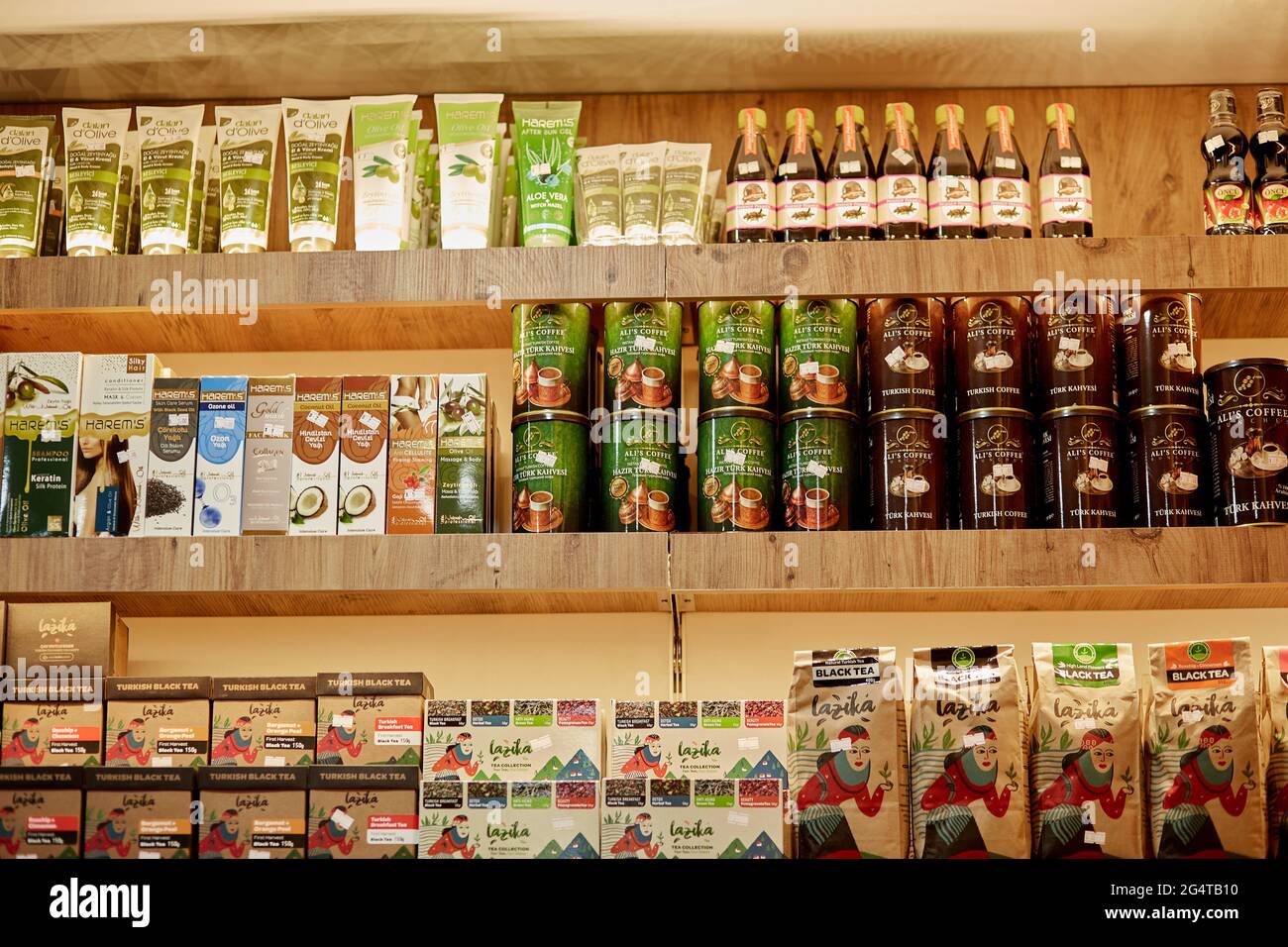 Kemer, Turkey - May, 25: Turkish delights and souvenirs on the counters ...