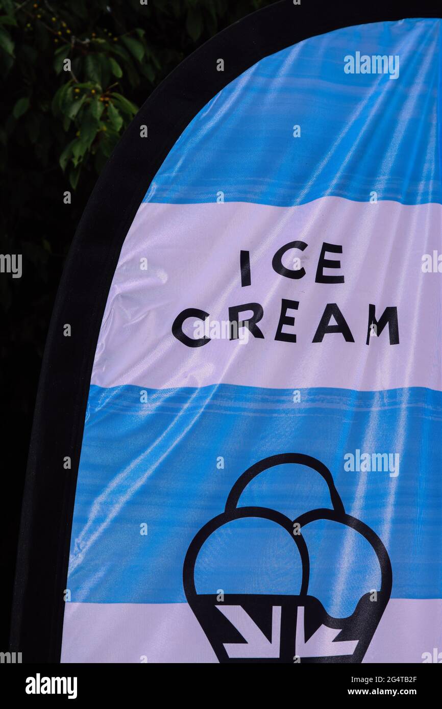 Ice cream lanyard sign blowing in wind, blue and white, Summer 2021 ...