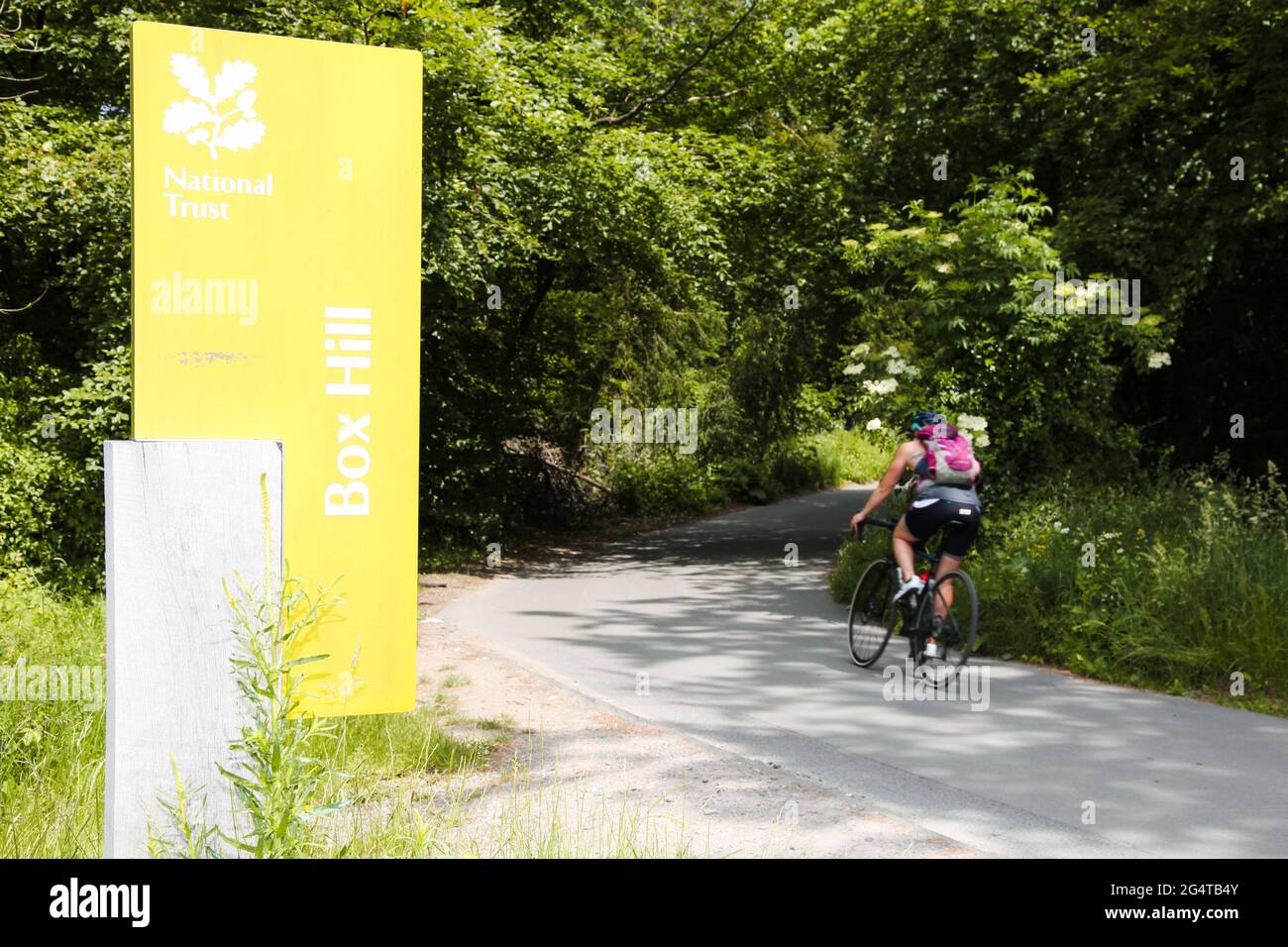 Box Hill sign with cyclists cycling at top of National Trust site ...