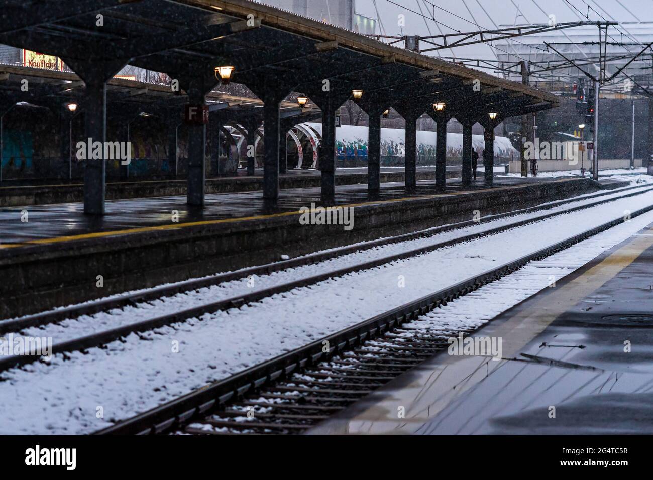 Landscape of the Northern Railway Station during a cold and snowy day ...