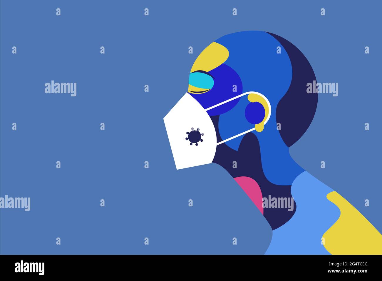 Multi coloured human figure wearing face mask to protect against the ...