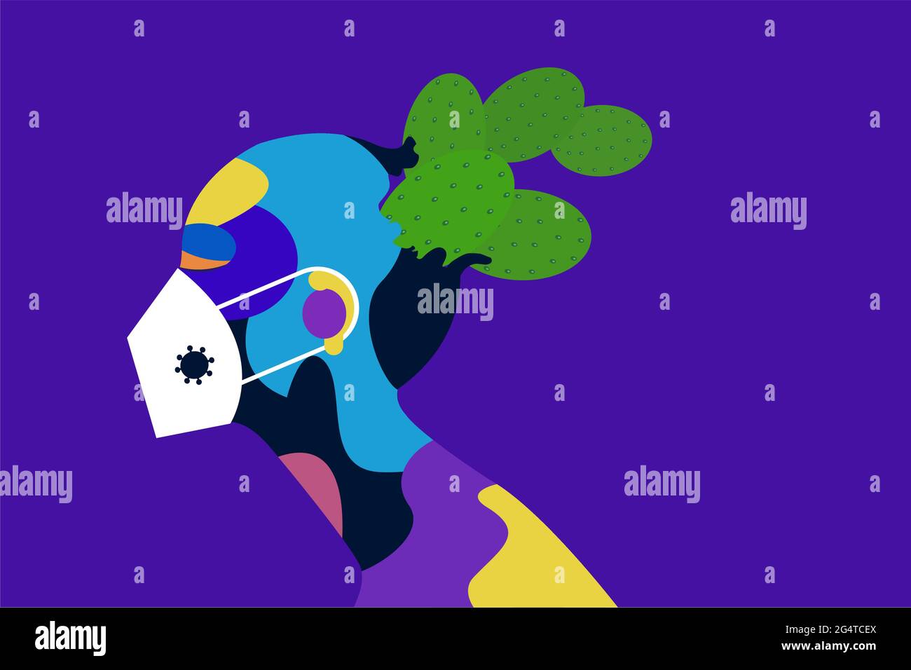 Cactus growing from the head of a multi coloured human figure wearing ...